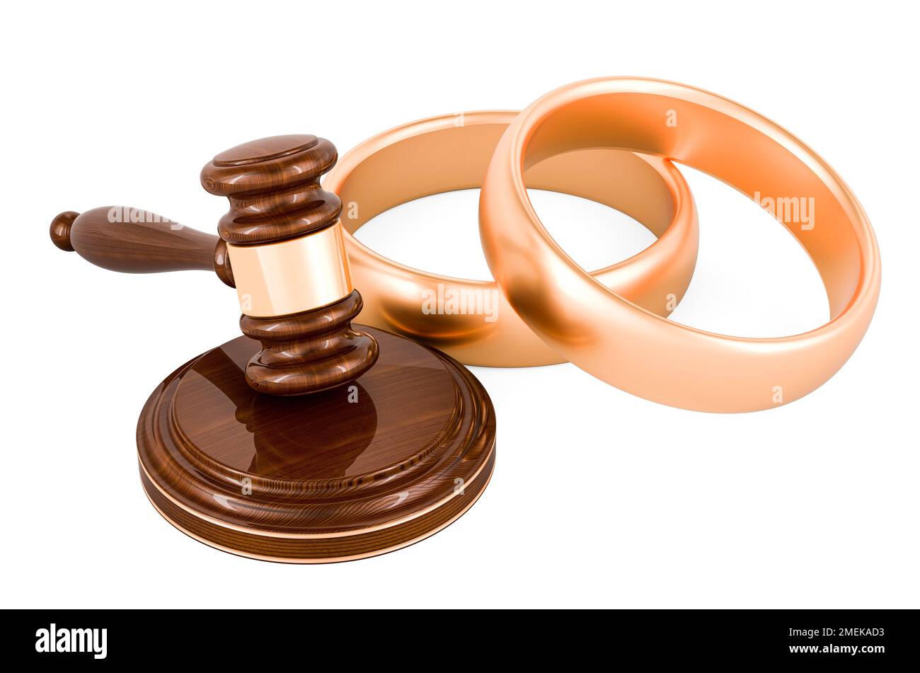 Wooden gavel with wedding rings, 3D rendering isolated on white ...