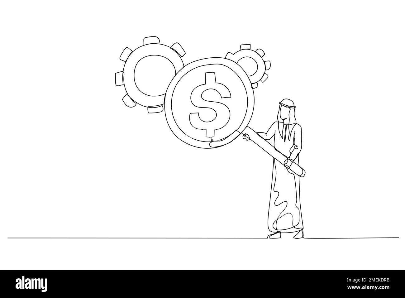 arab man with magnifier showing dollar money reflection looking at gear ...