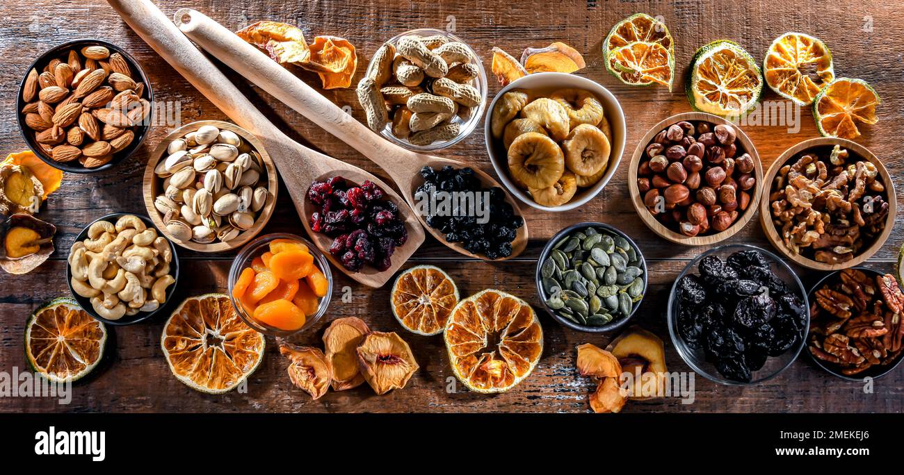 Composition with a variety of dried fruits and assorted nuts ...