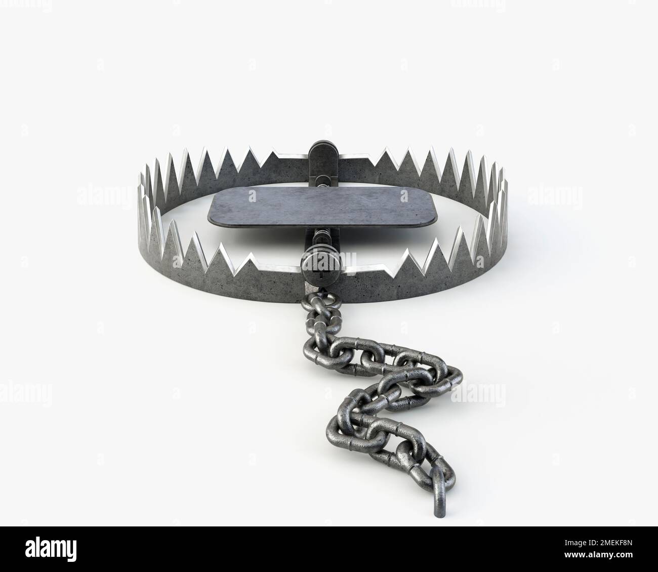 An open metal animal hunting trap attached to the ground with a metal ...