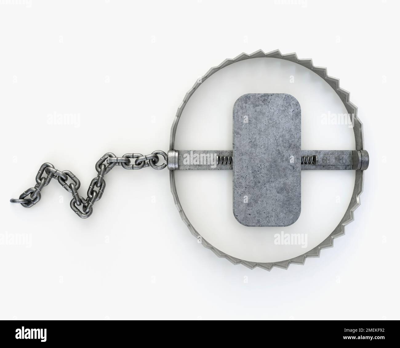 An open metal animal hunting trap attached to the ground with a metal ...