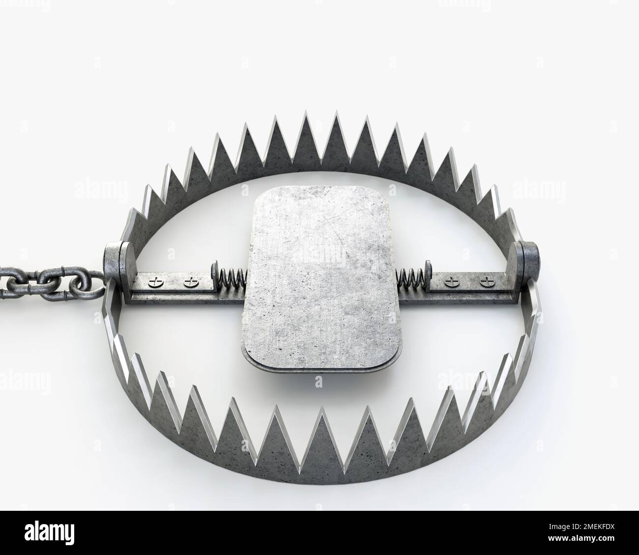 An open metal animal hunting trap attached to the ground with a metal ...