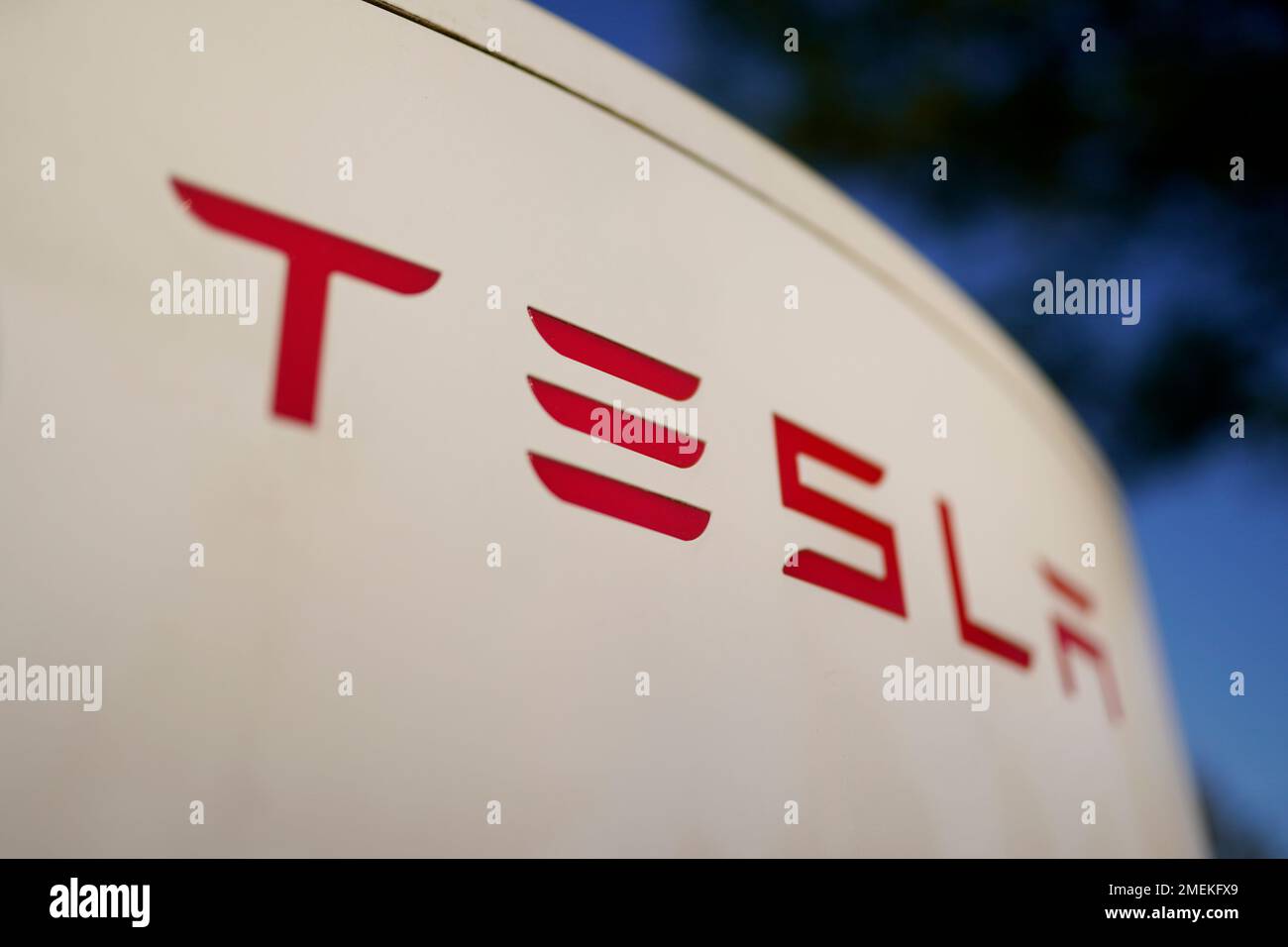 In this April 22, 2021, photo shows a Tesla Supercharger station in ...
