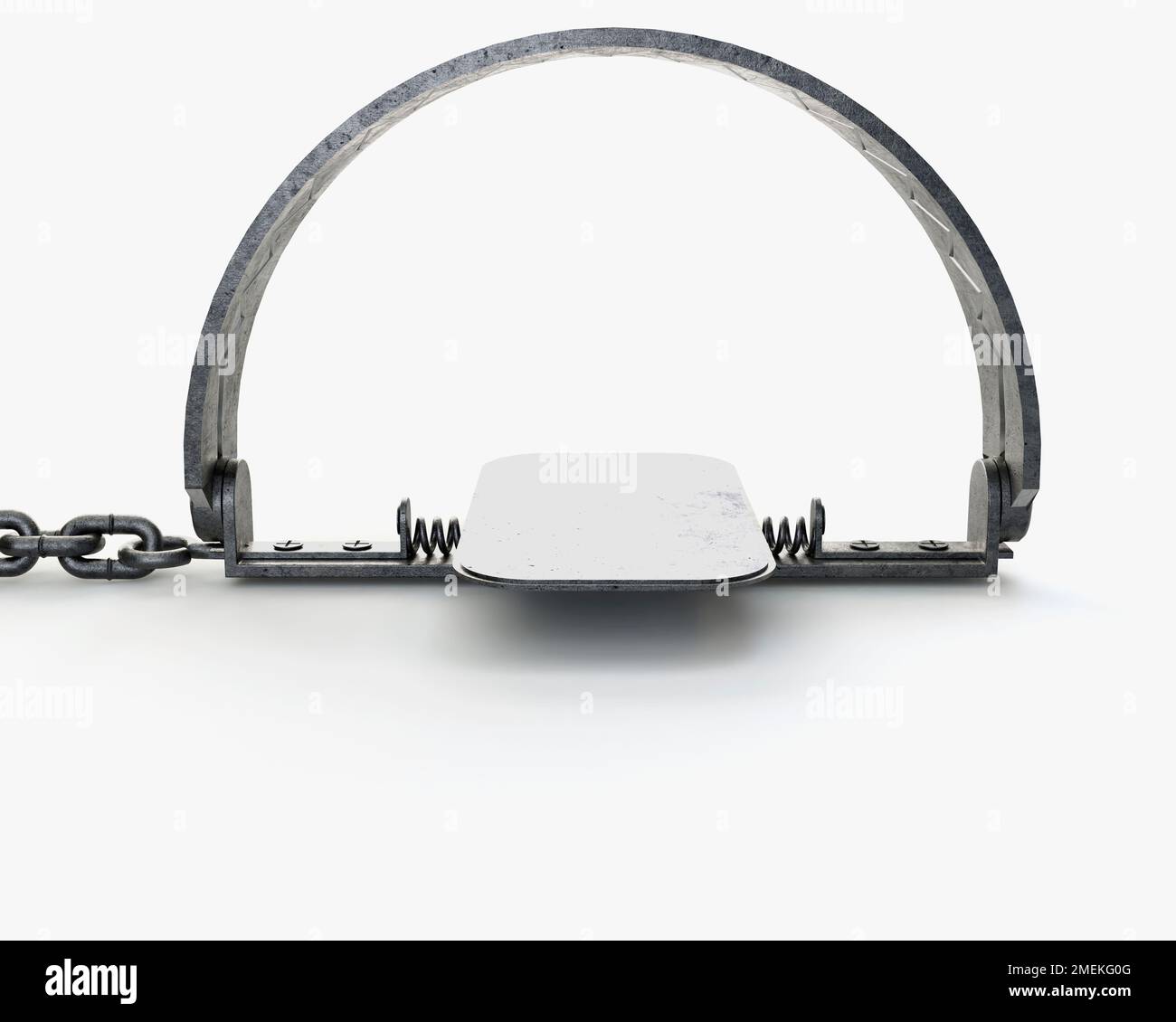 A shut metal animal hunting trap attached to the ground with a metal ...