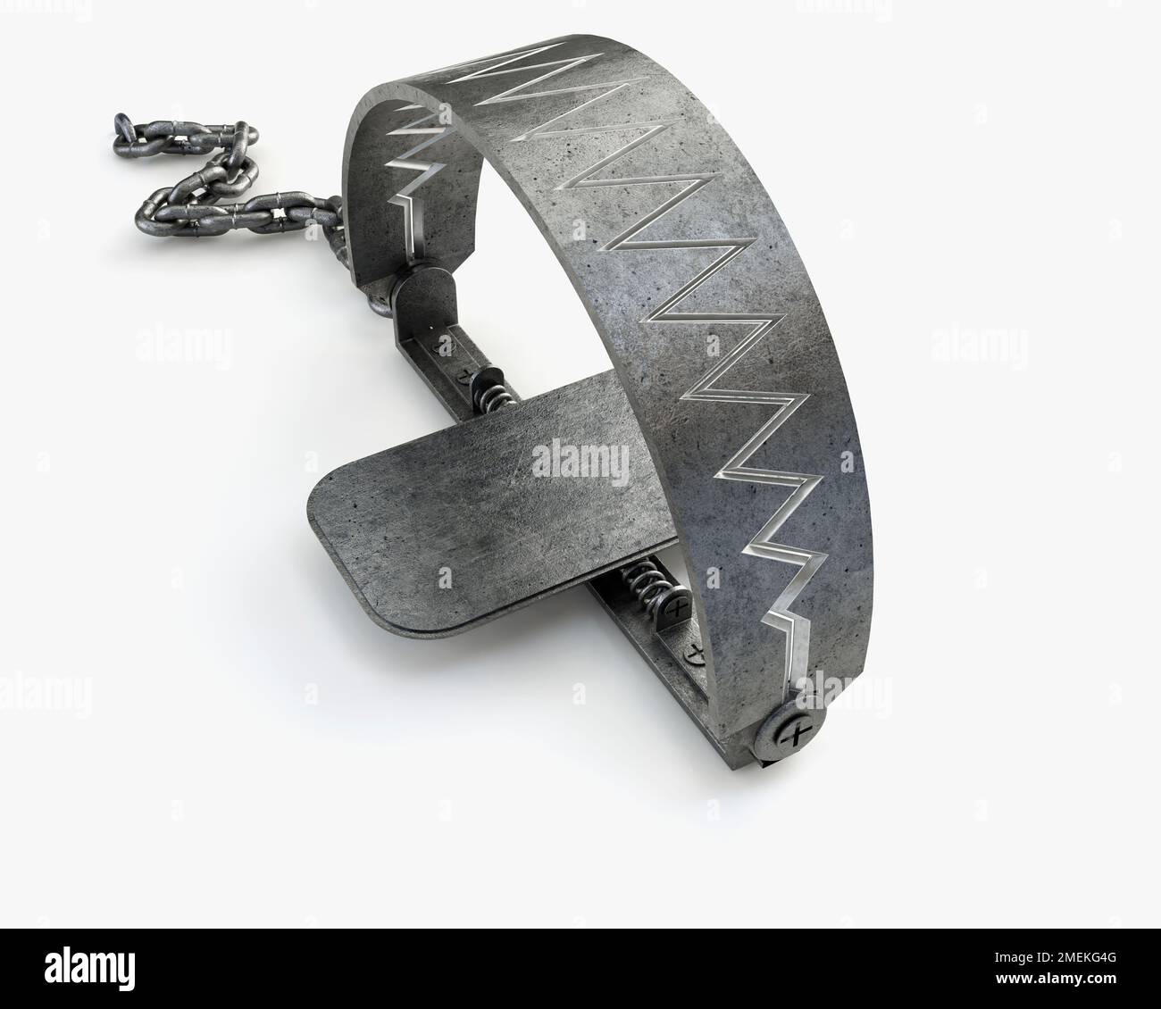 A shut metal animal hunting trap attached to the ground with a metal ...