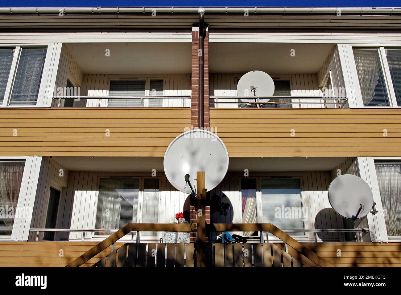 Apartment building with parabolic antennas on the balconies Stock Photo ...