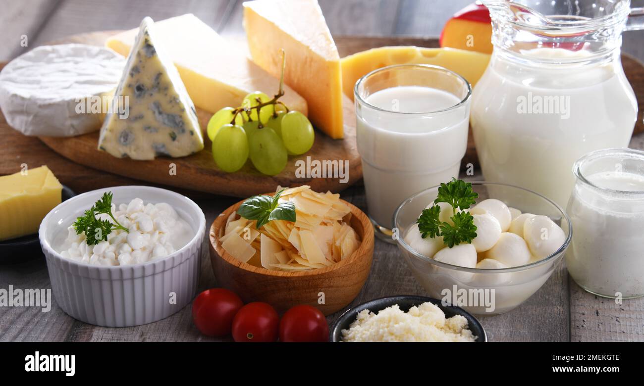 A variety of dairy products including cheese, milk and yogurt Stock ...