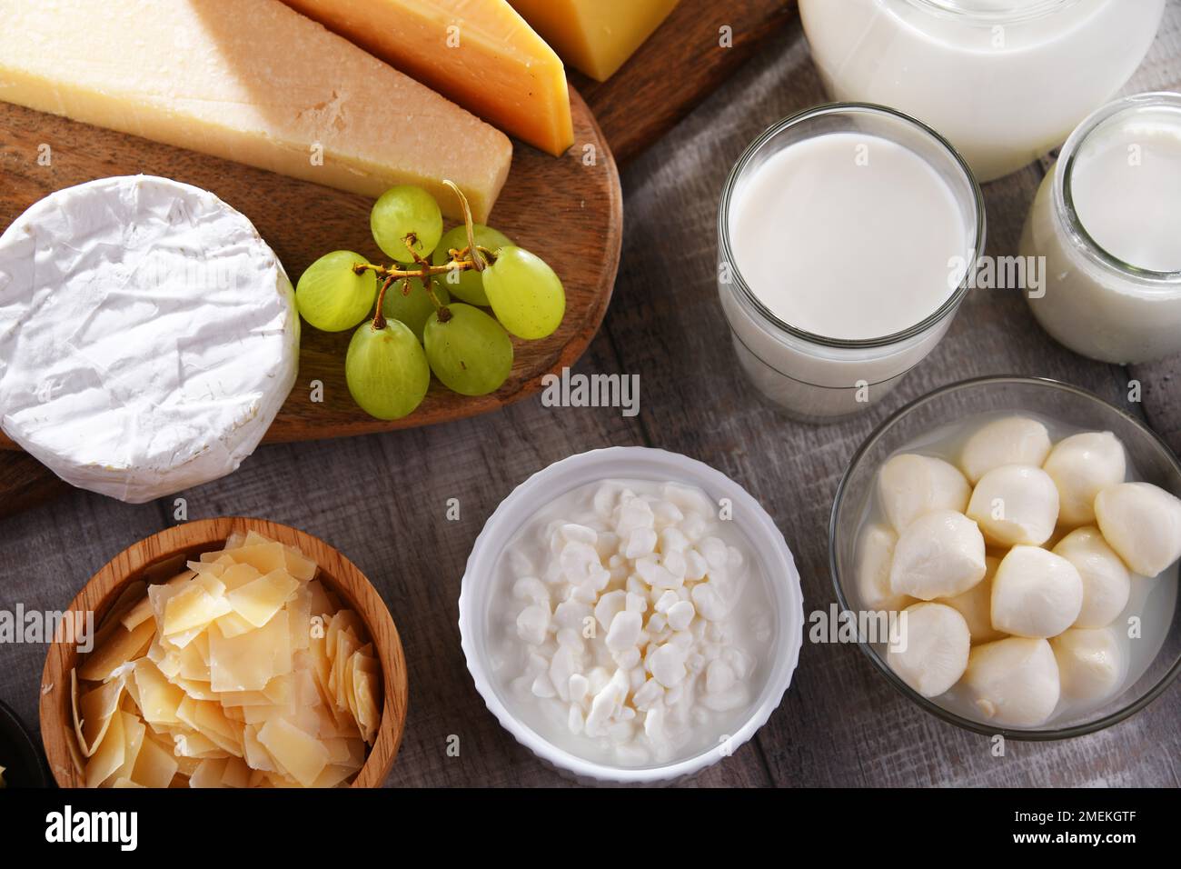 A variety of dairy products including cheese, milk and yogurt Stock ...