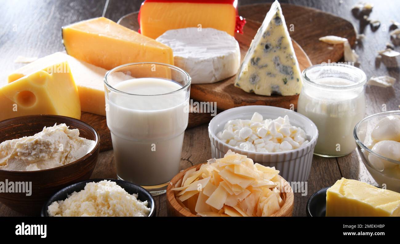 A variety of dairy products including cheese, milk and yogurt Stock ...