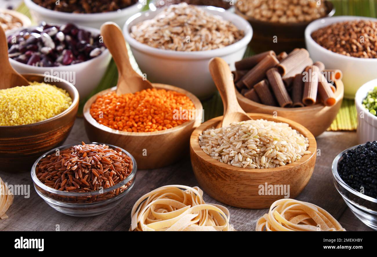 Composition with different kinds of dry food products Stock Photo - Alamy