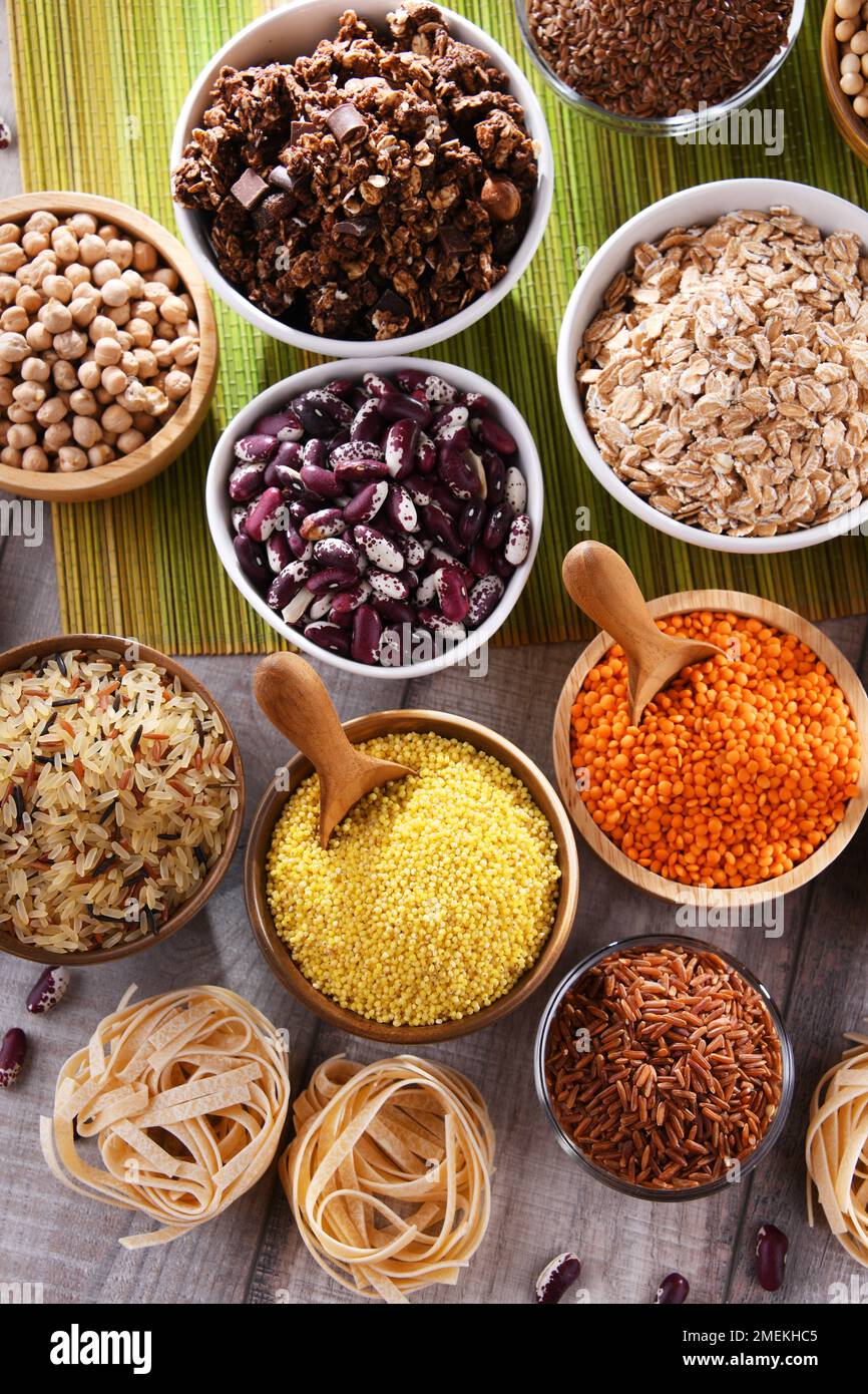 Composition with different kinds of dry food products Stock Photo - Alamy