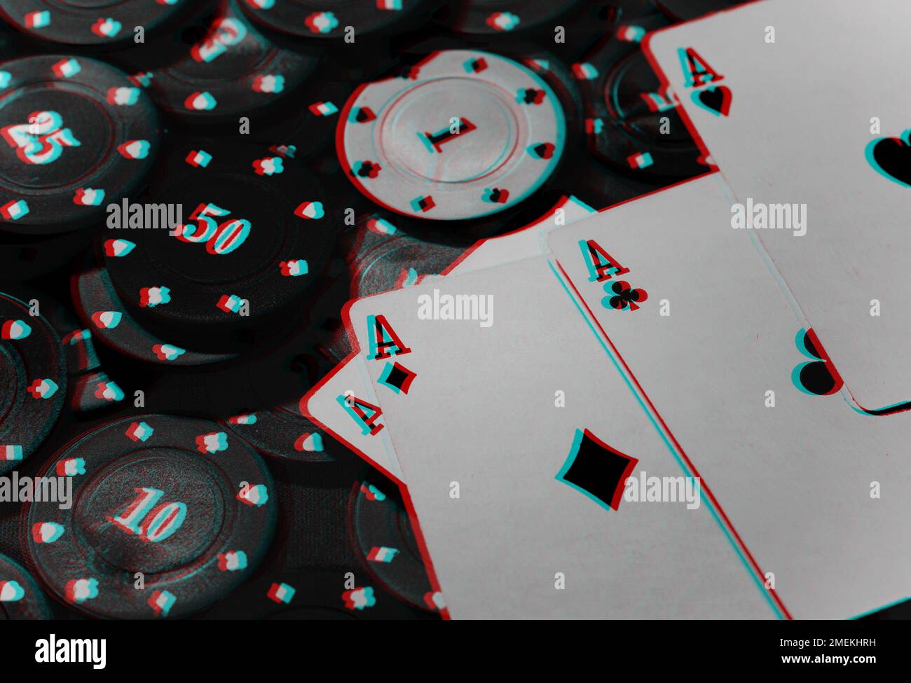 playing chips playing cards close-up. the view from top. Black and ...