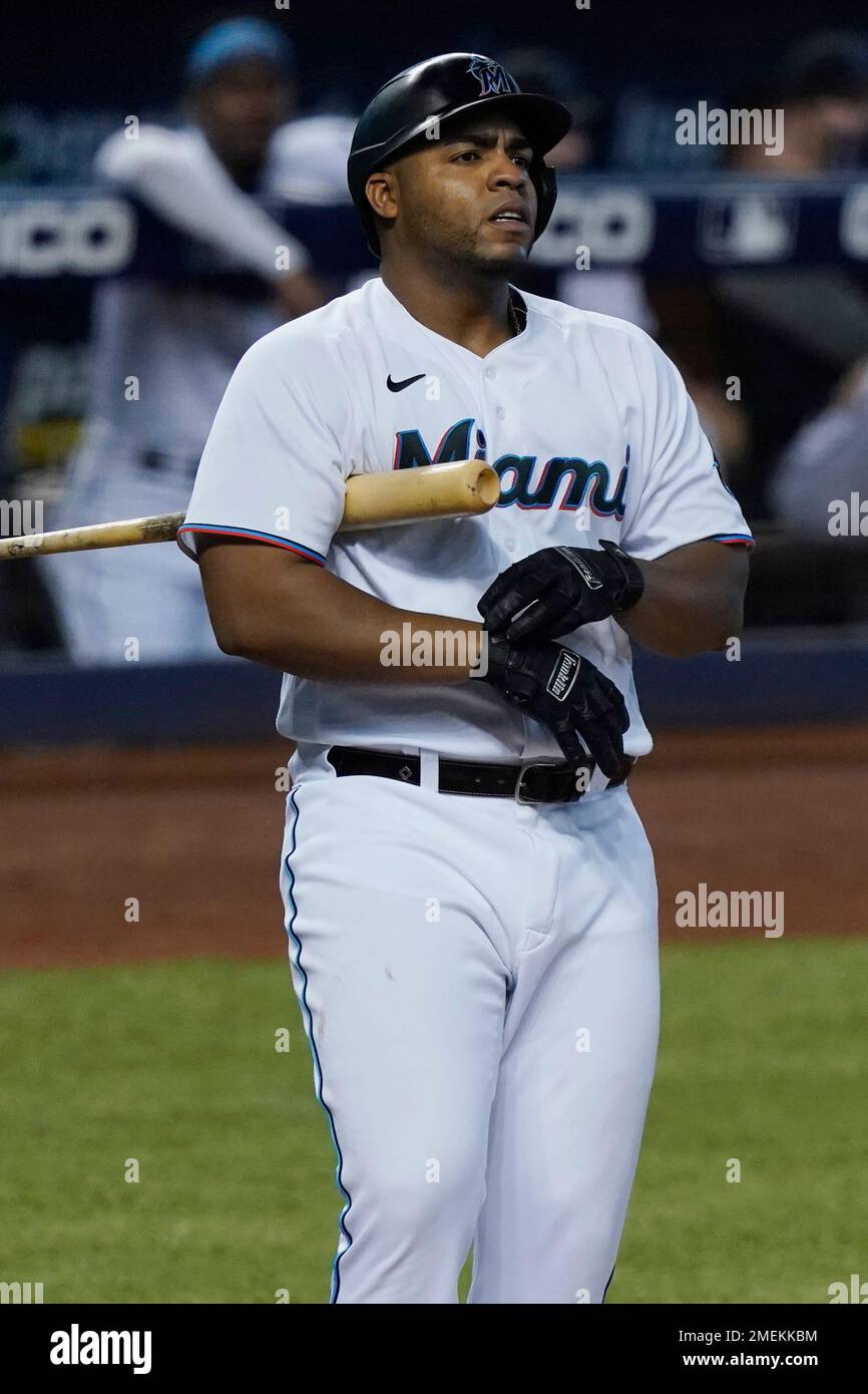 Miami Marlins' Jesus Aguilar waits to bat during a baseball game ...