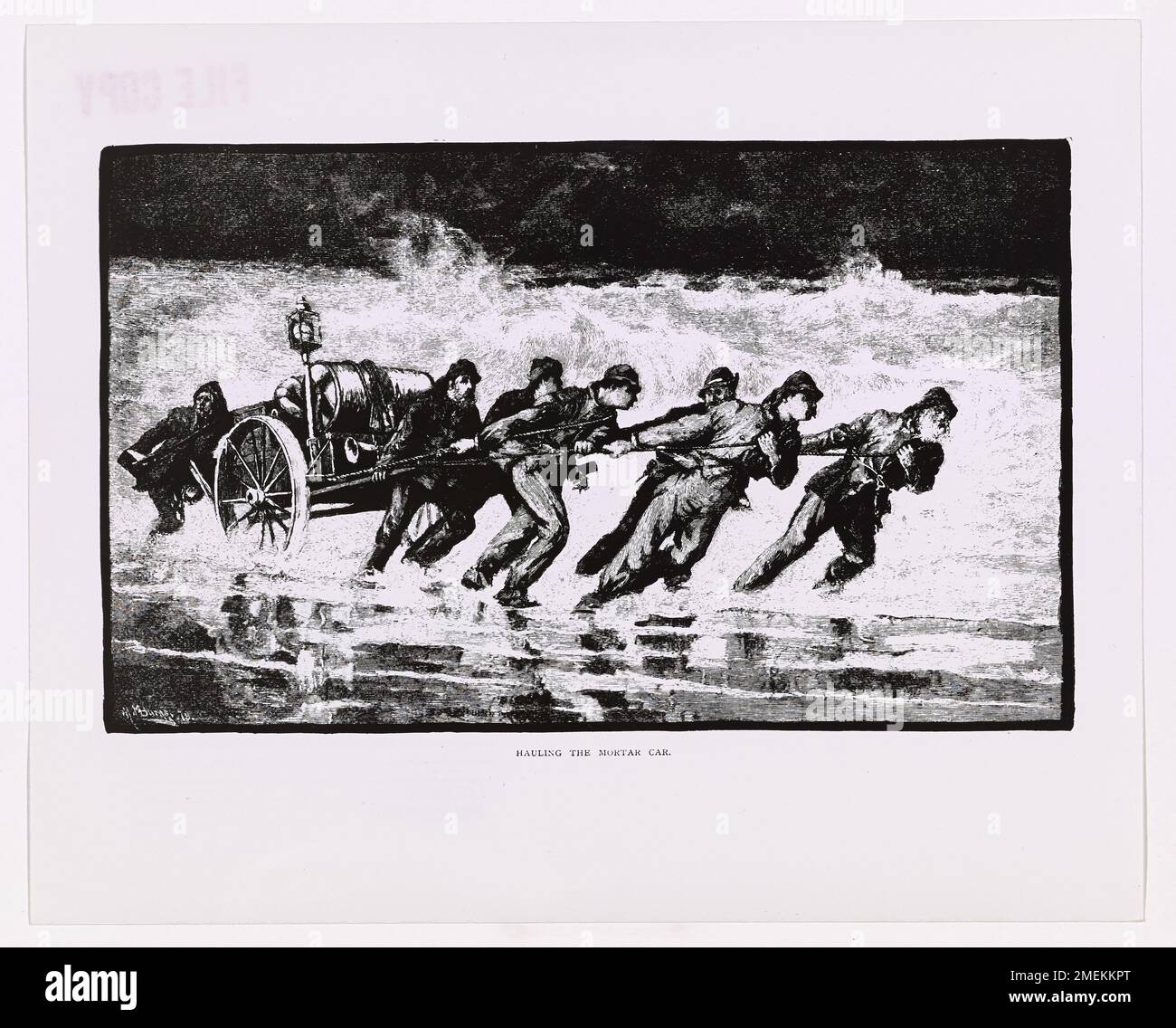 An old sketch depicts former U.S. Lifesaving Service crewmen hauling a ...