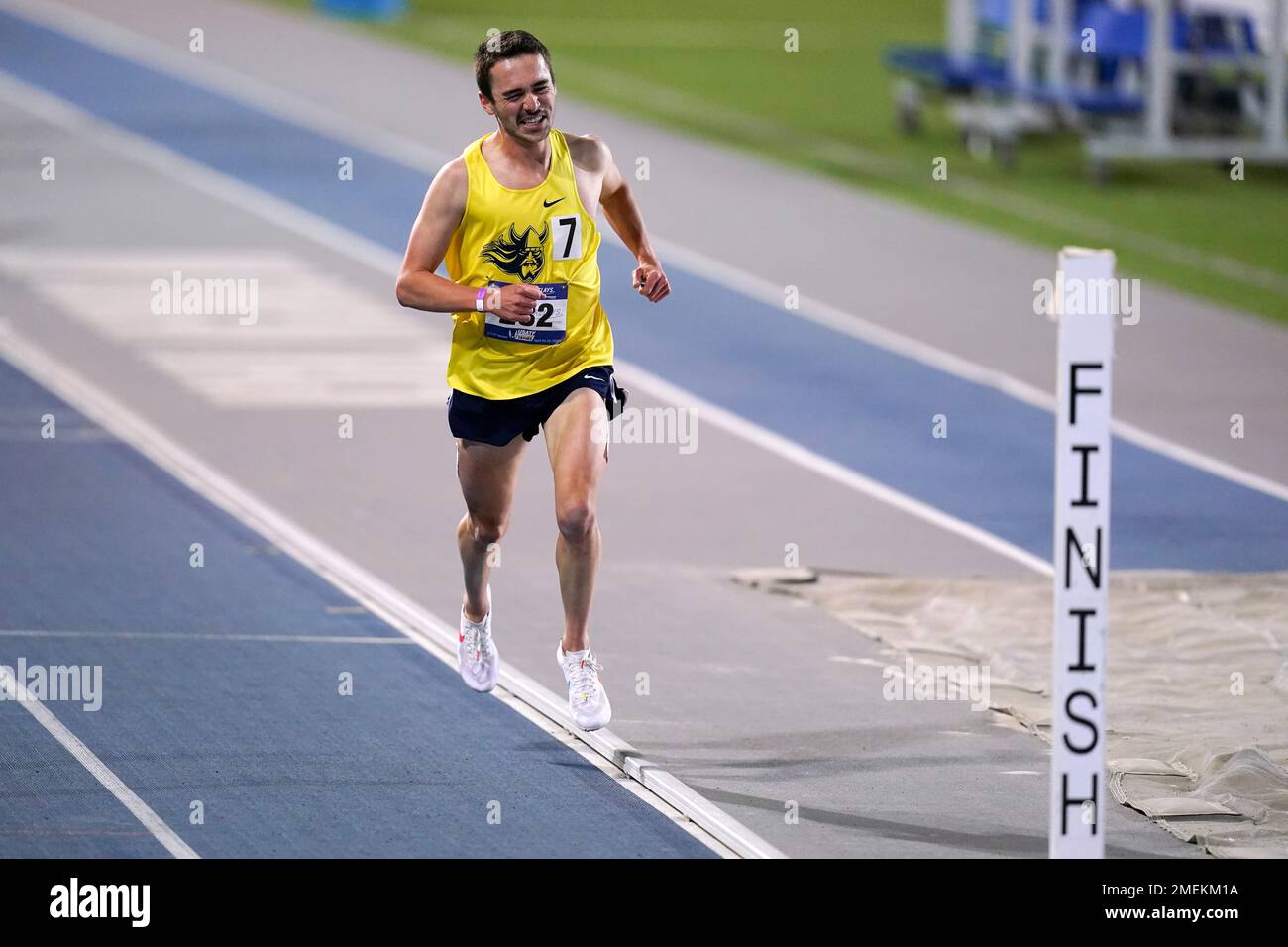 Augustana's Alec Kray reacts as he wins the men's 5,000-meter run at ...