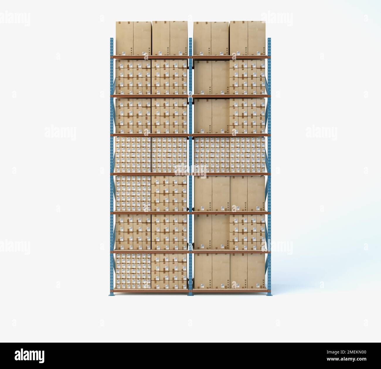 A single warehouse shelving stack packed with various sized cardboard ...