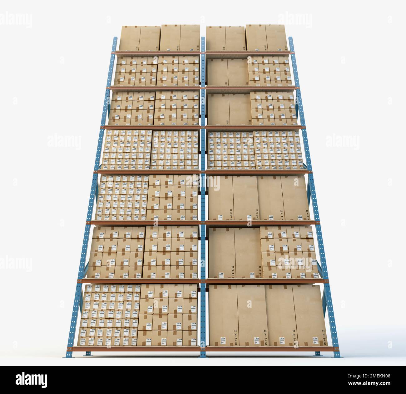A single warehouse shelving stack packed with various sized cardboard ...