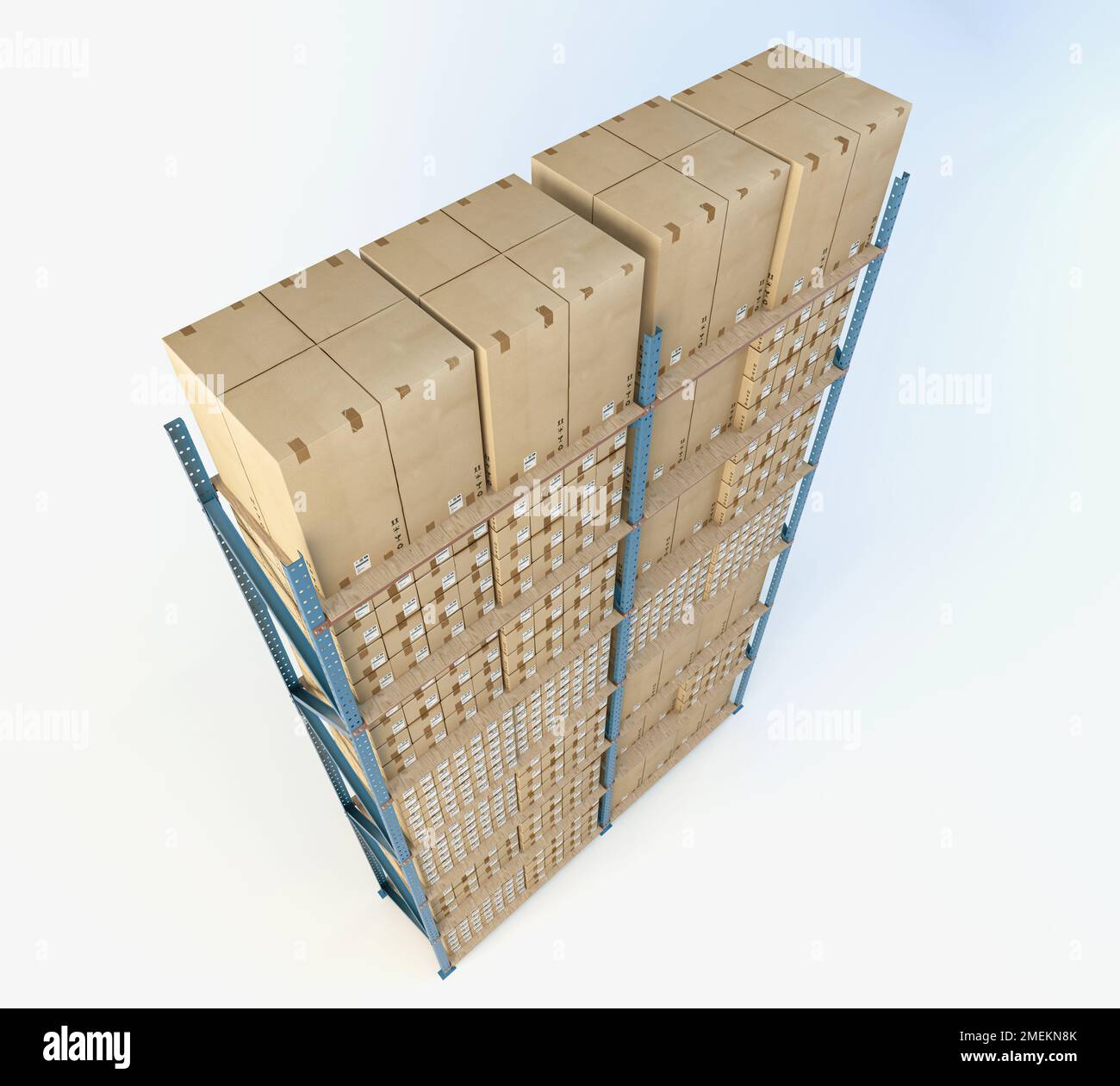 A single warehouse shelving stack packed with various sized cardboard ...