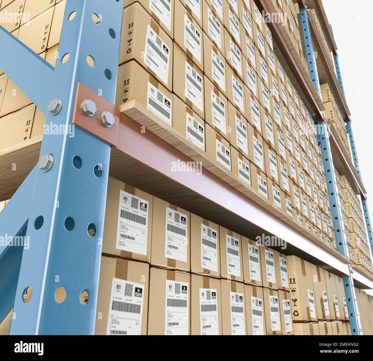 A single warehouse shelving stack packed with various sized cardboard ...