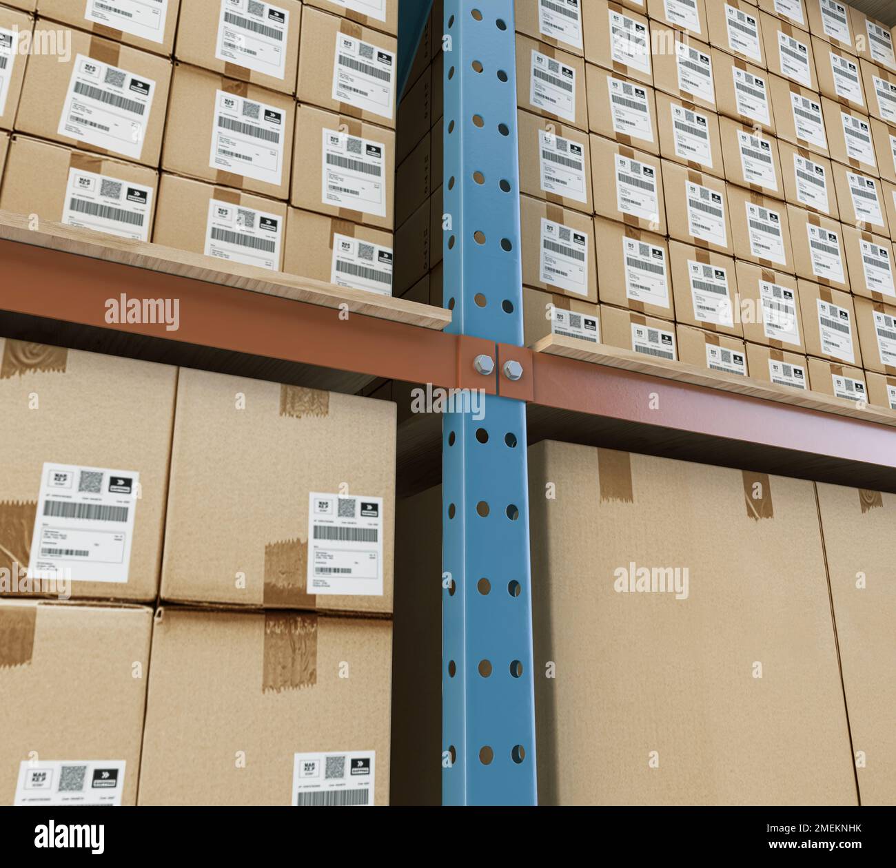 A single warehouse shelving stack packed with various sized cardboard ...