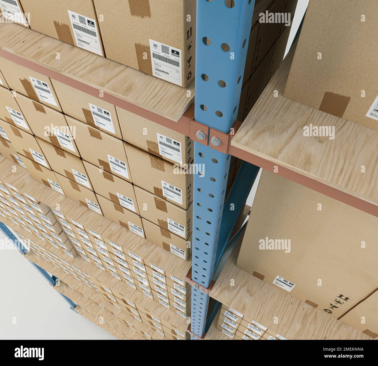 A single warehouse shelving stack packed with various sized cardboard ...