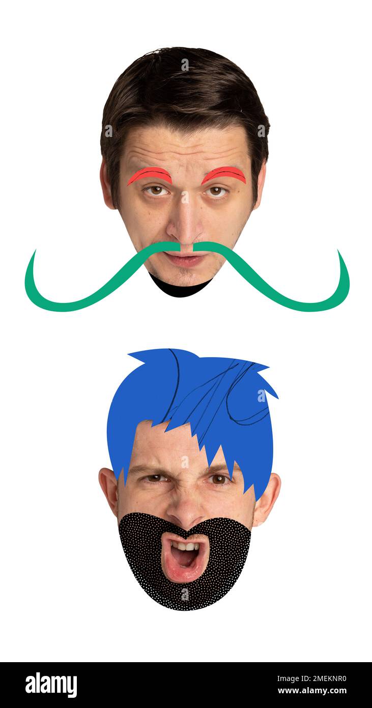 Creative artwork with funny male faces, heads with funny hats and ...