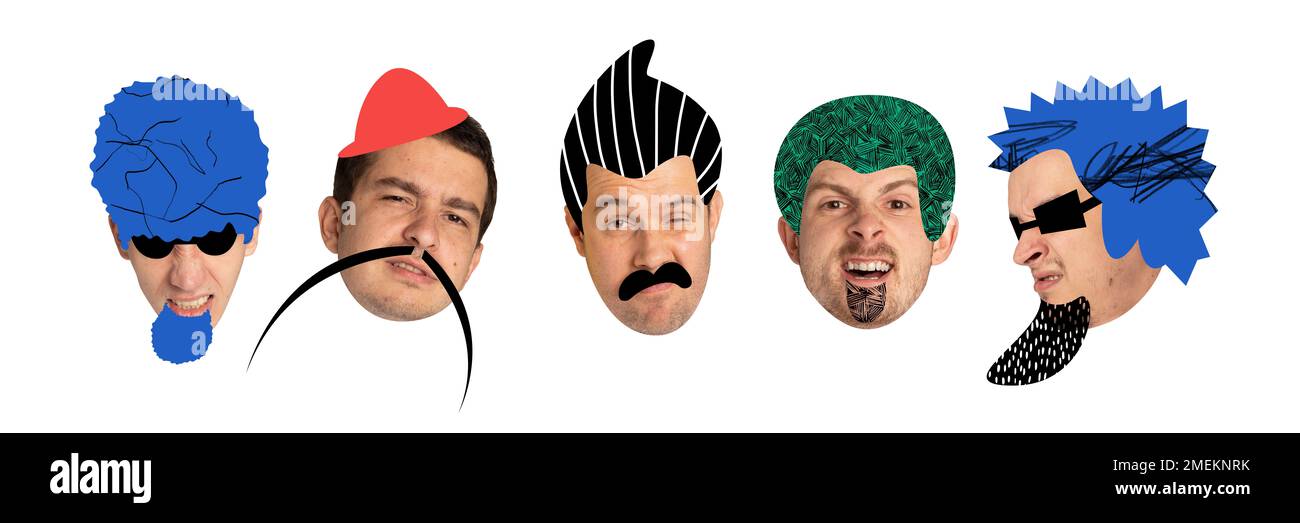 Contemporary collage made with male faces, heads with different style ...
