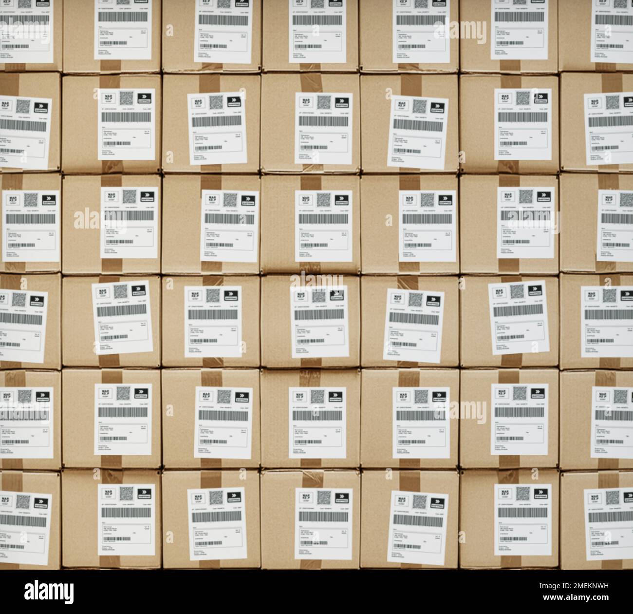 A flat view of a stack of cardboard boxes with logistics stickers o- 3D ...