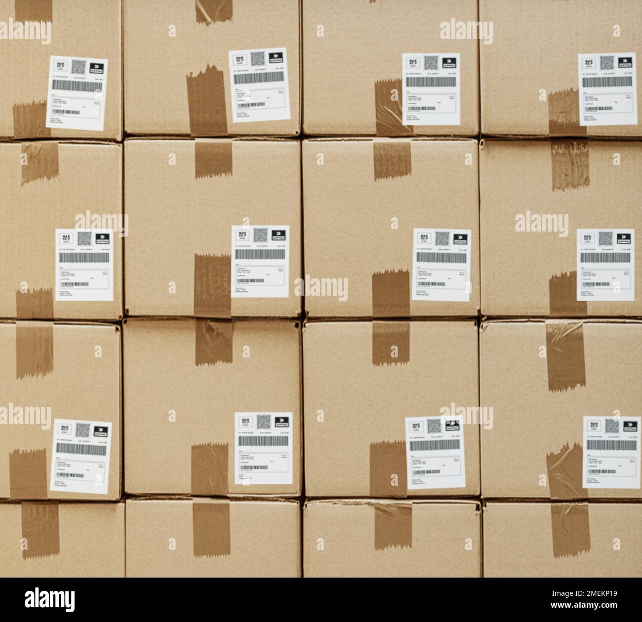 A flat view of a stack of cardboard boxes with logistics stickers o- 3D ...