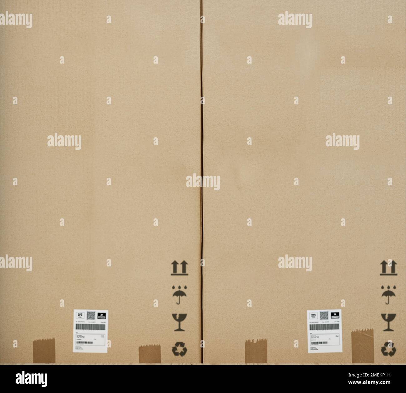 A flat view of a stack of cardboard boxes with logistics stickers o- 3D ...