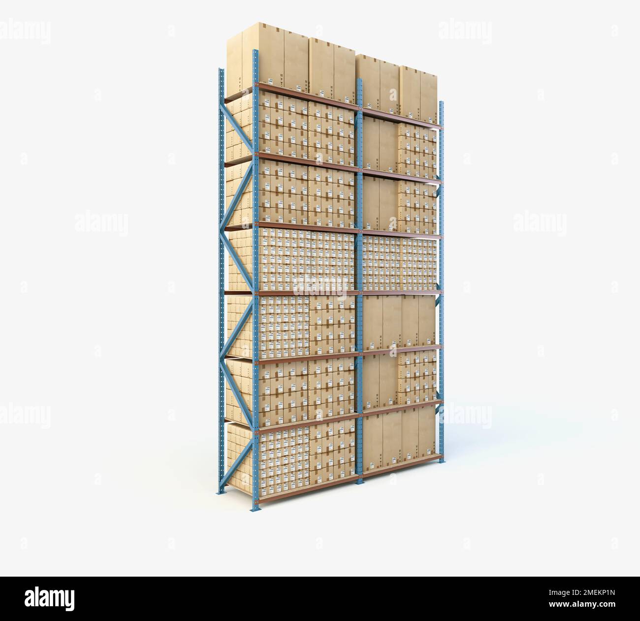 A single warehouse shelving stack packed with various sized cardboard ...
