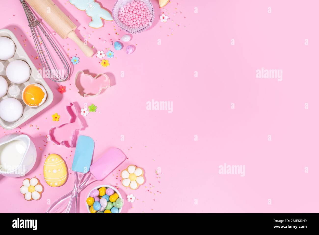 Cute pink sweet baking flat lay for Easter holiday. Cooking background ...