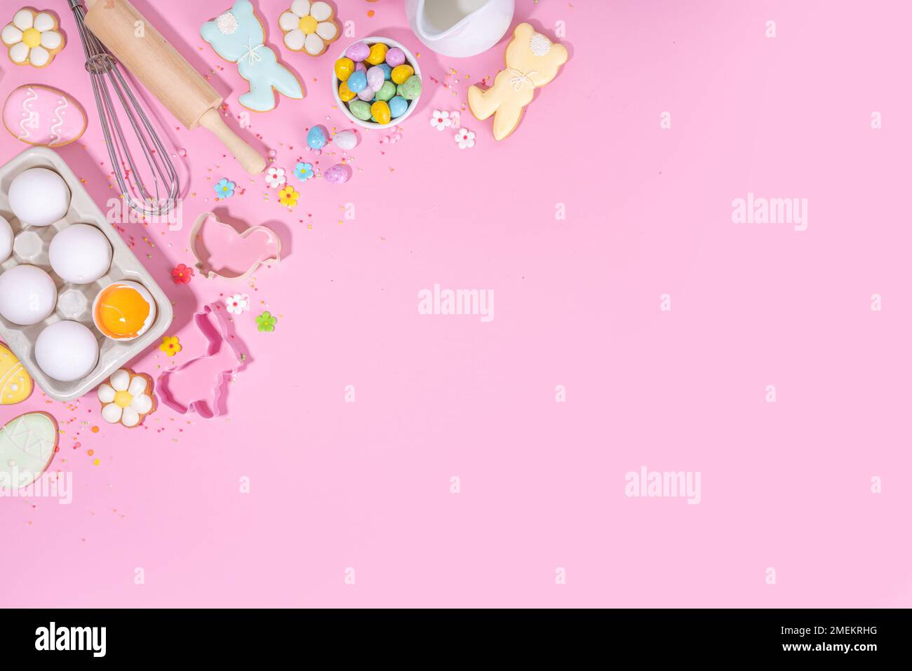 Cute pink sweet baking flat lay for Easter holiday. Cooking background ...