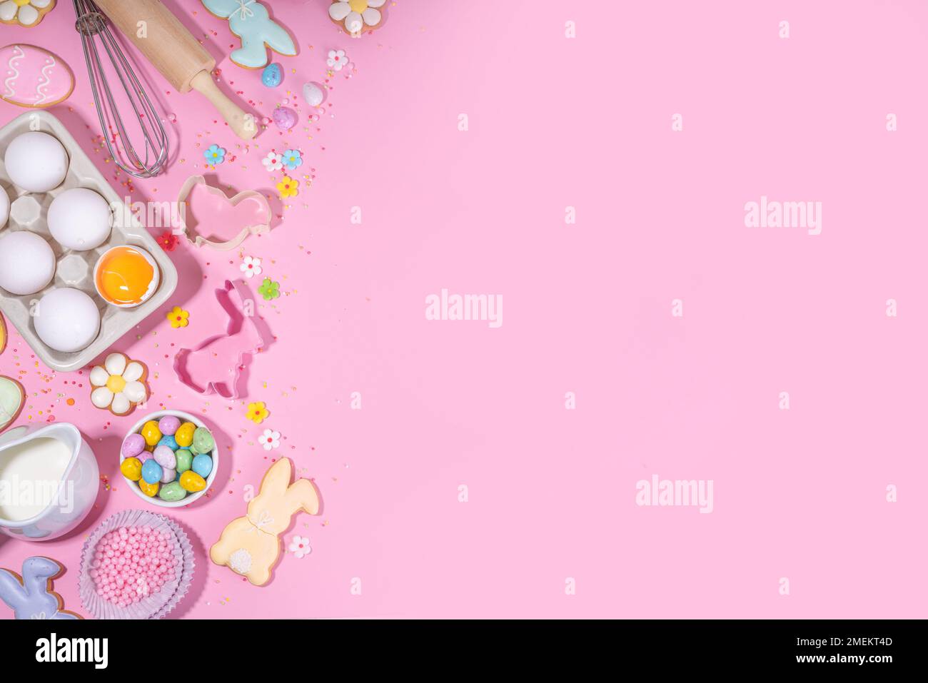 Cute pink sweet baking flat lay for Easter holiday. Cooking background ...