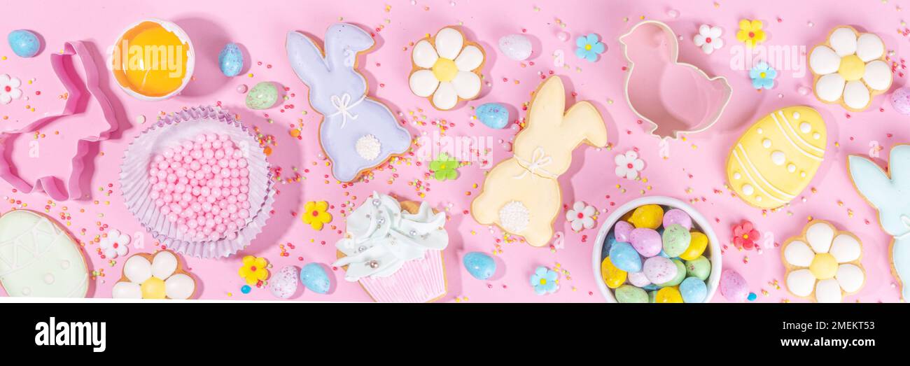 Cute pink sweet baking flat lay for Easter holiday. Cooking background ...