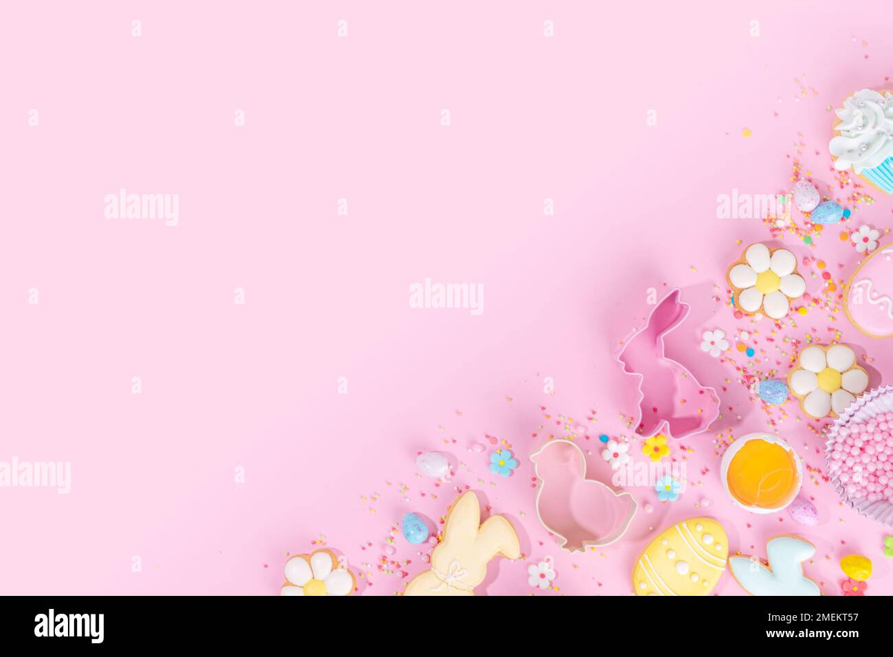 Cute pink sweet baking flat lay for Easter holiday. Cooking background ...