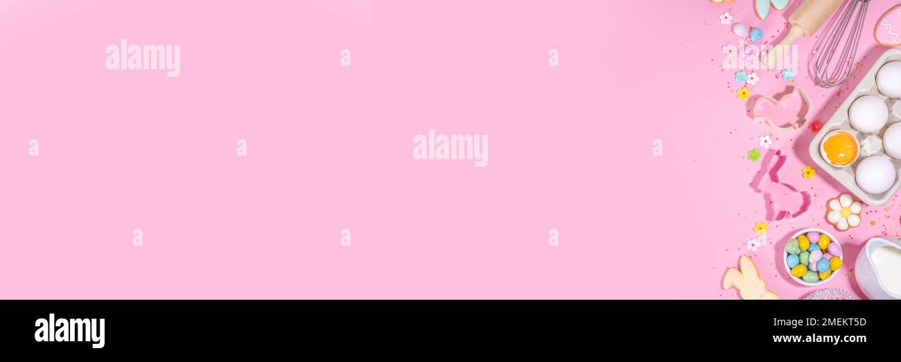 Cute pink sweet baking flat lay for Easter holiday. Cooking background ...
