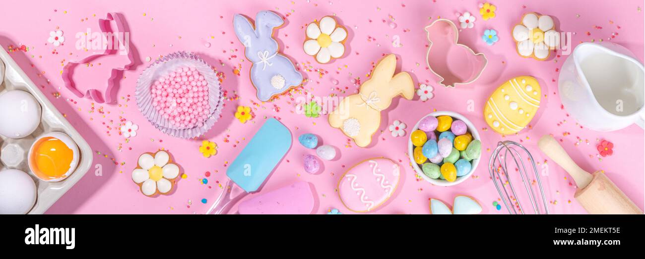Cute pink sweet baking flat lay for Easter holiday. Cooking background ...
