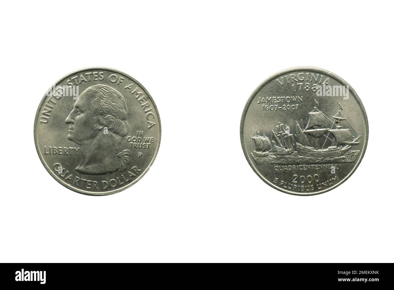 Quarter dollar, USA coin currency, studio shot against white background ...