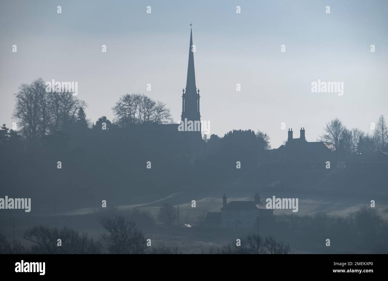 A misty morning over the village of Tardebigge, Worcestershire, England ...