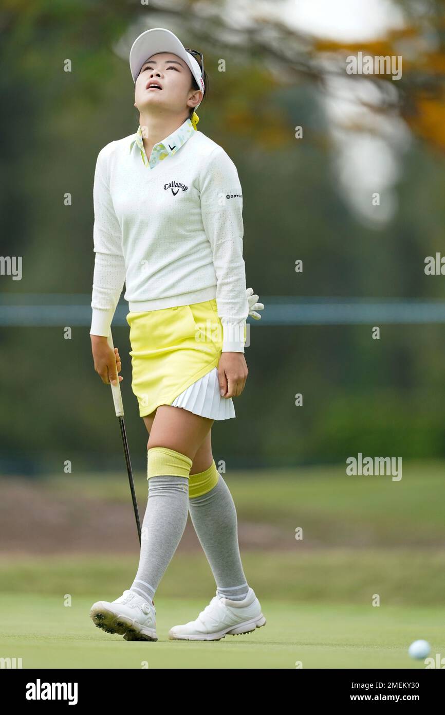 Yui Kawamoto reacts after missing a putt on the 16th green during the ...