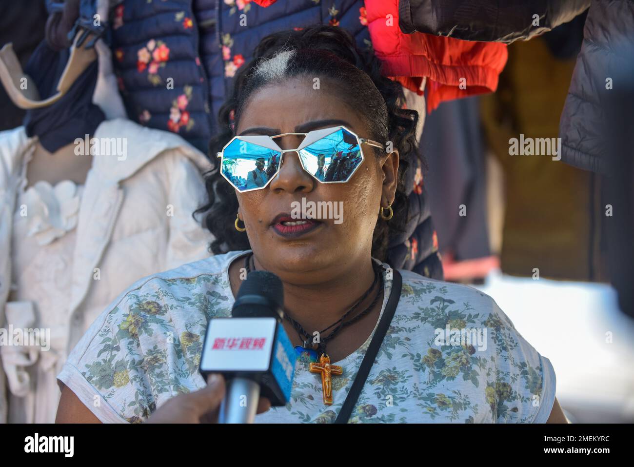 Addis Ababa, Ethiopia. 14th Jan, 2023. Tigist Worku, a vendor at a Sunday Market, speaks during ...