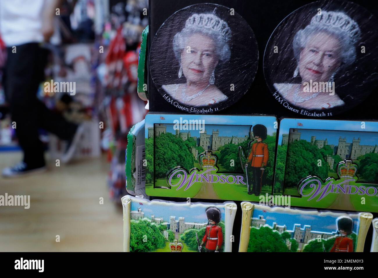 A souvenir shop selling memorabilia with pictures of Queen Elizbeth II ...