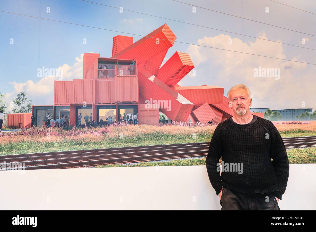 London, UK. 24th Jan, 2023. David Mach with an image of the design for ...