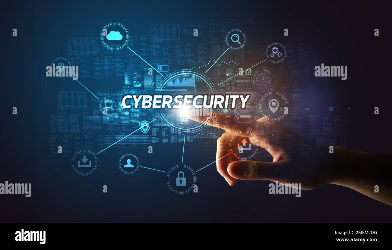 Hand touching cybersecurity button concept Stock Photo - Alamy