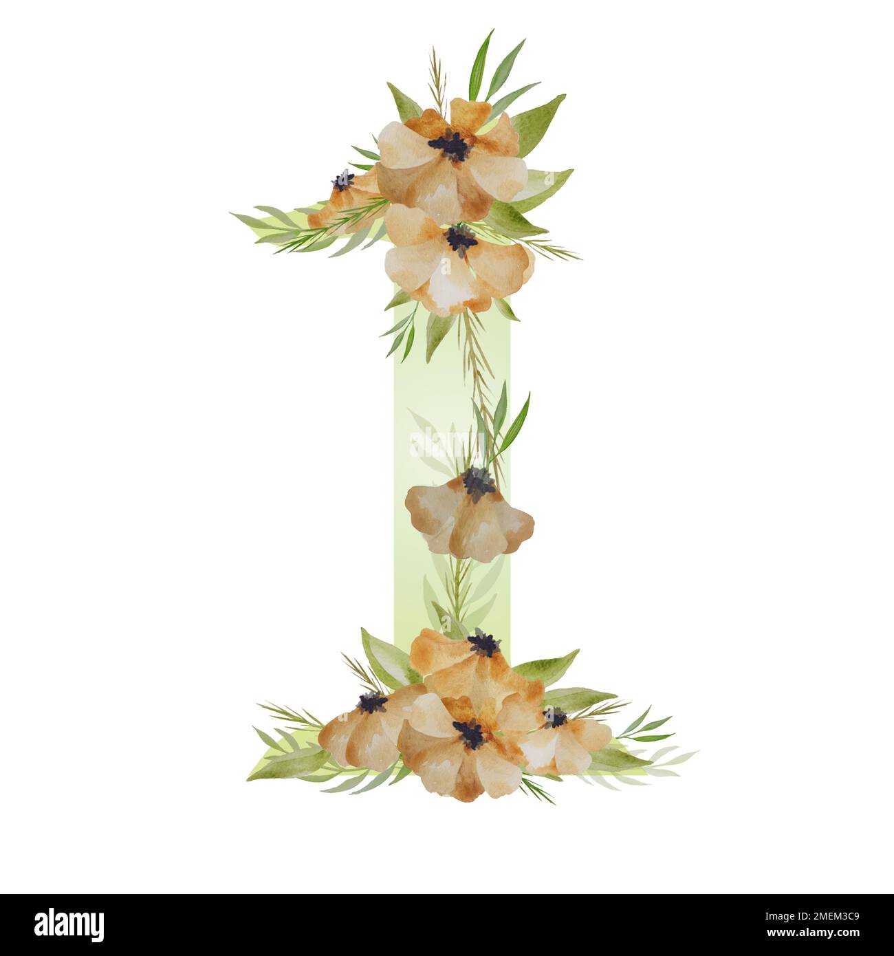 Number 1 one yellow watercolor wild flowers design Stock Photo - Alamy
