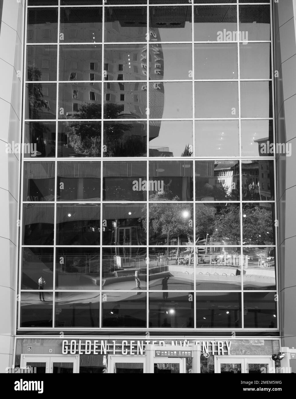 A vertical view of the Golden Center window in bw, Sacramento Stock ...