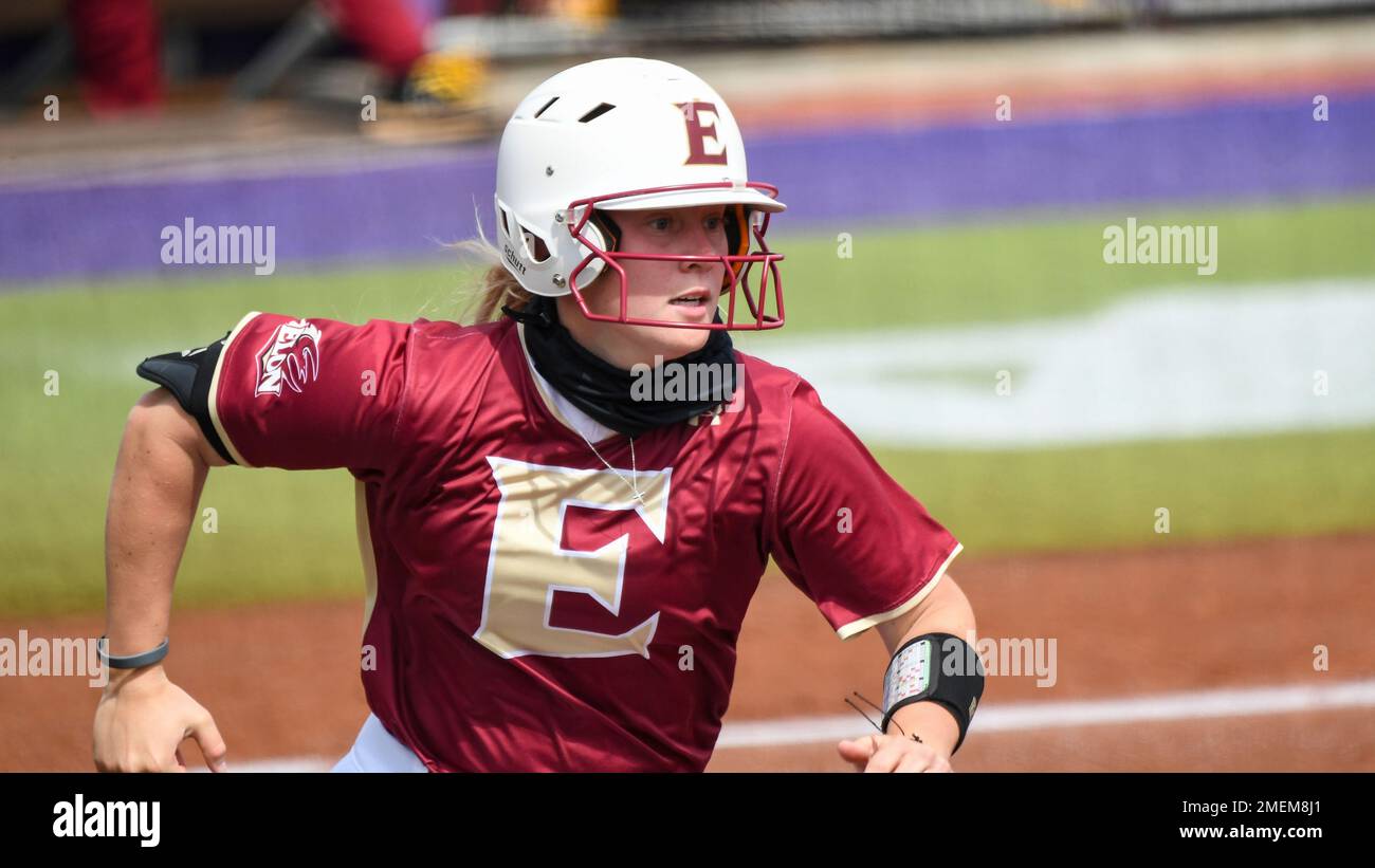 Elon's Megan Grant runs to first base during an NCAA softball game on ...