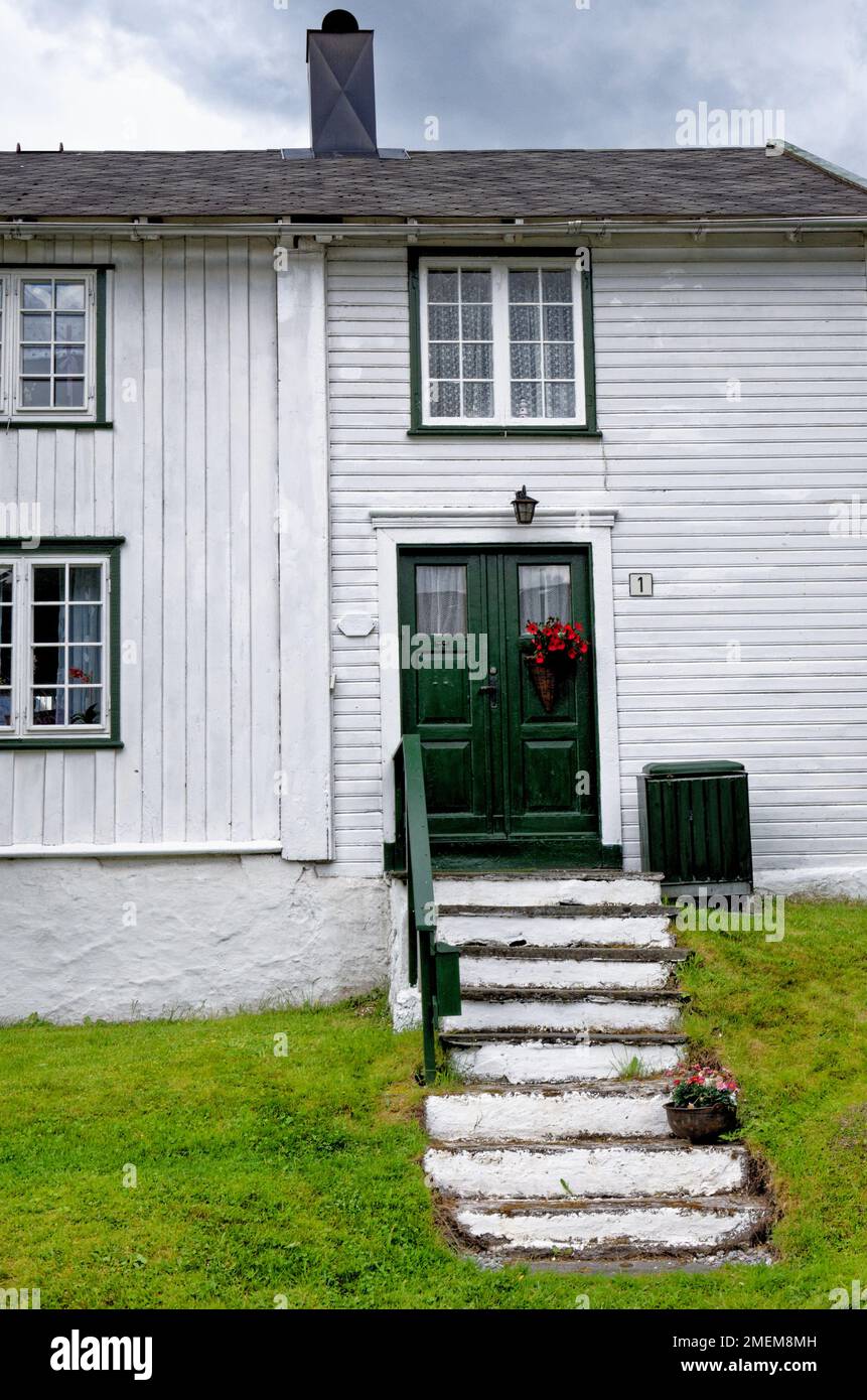 Traditional colorful wooden house in Andalsnes - Norway. House entrance ...