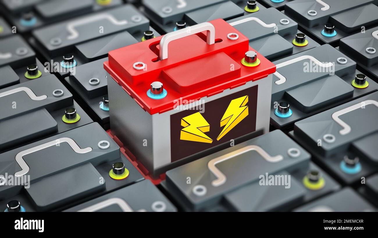 Red battery stands out among regular gray car batteries. 3D ...